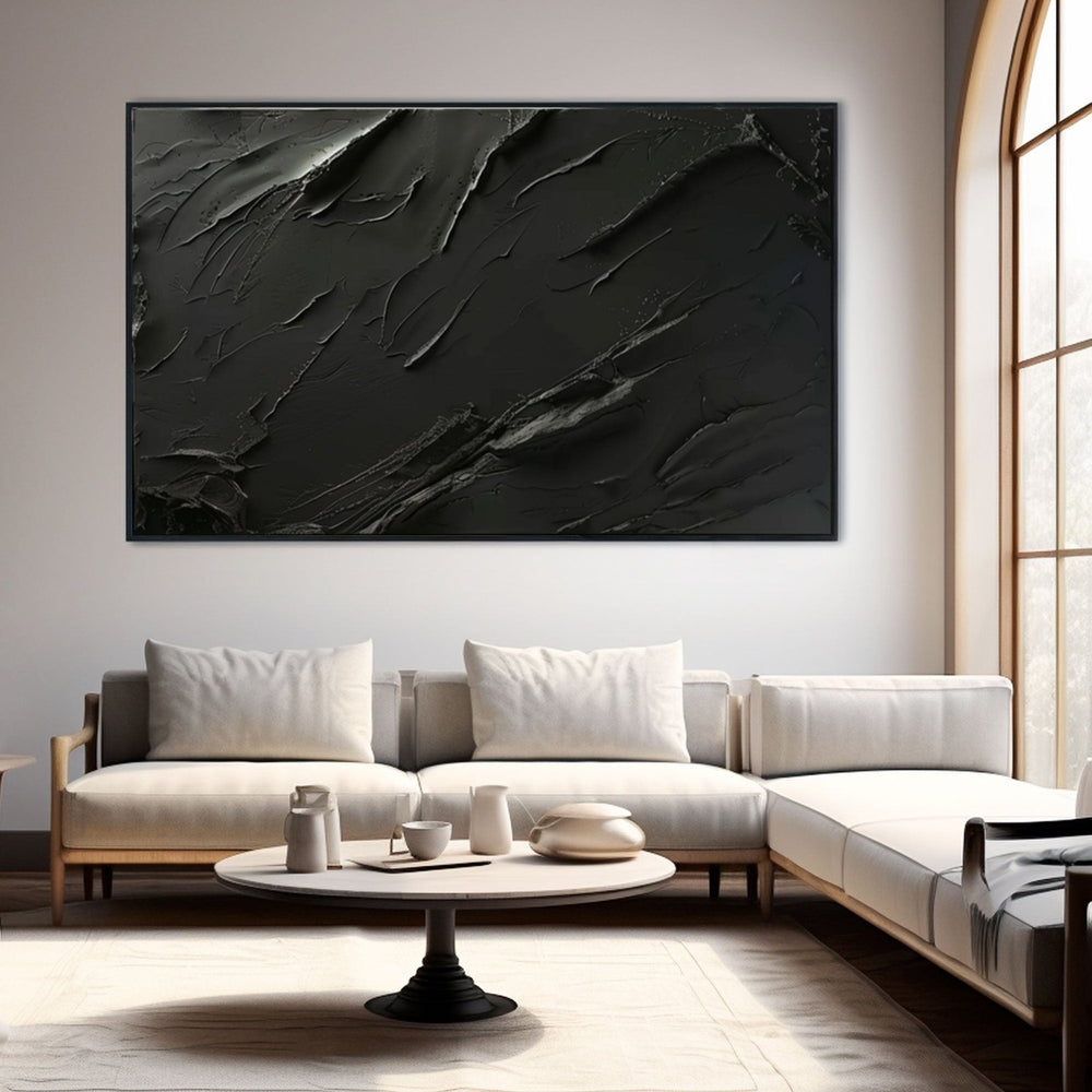 Large Black Minimalist Abstract Plaster Painting Over the Bed Horizonal