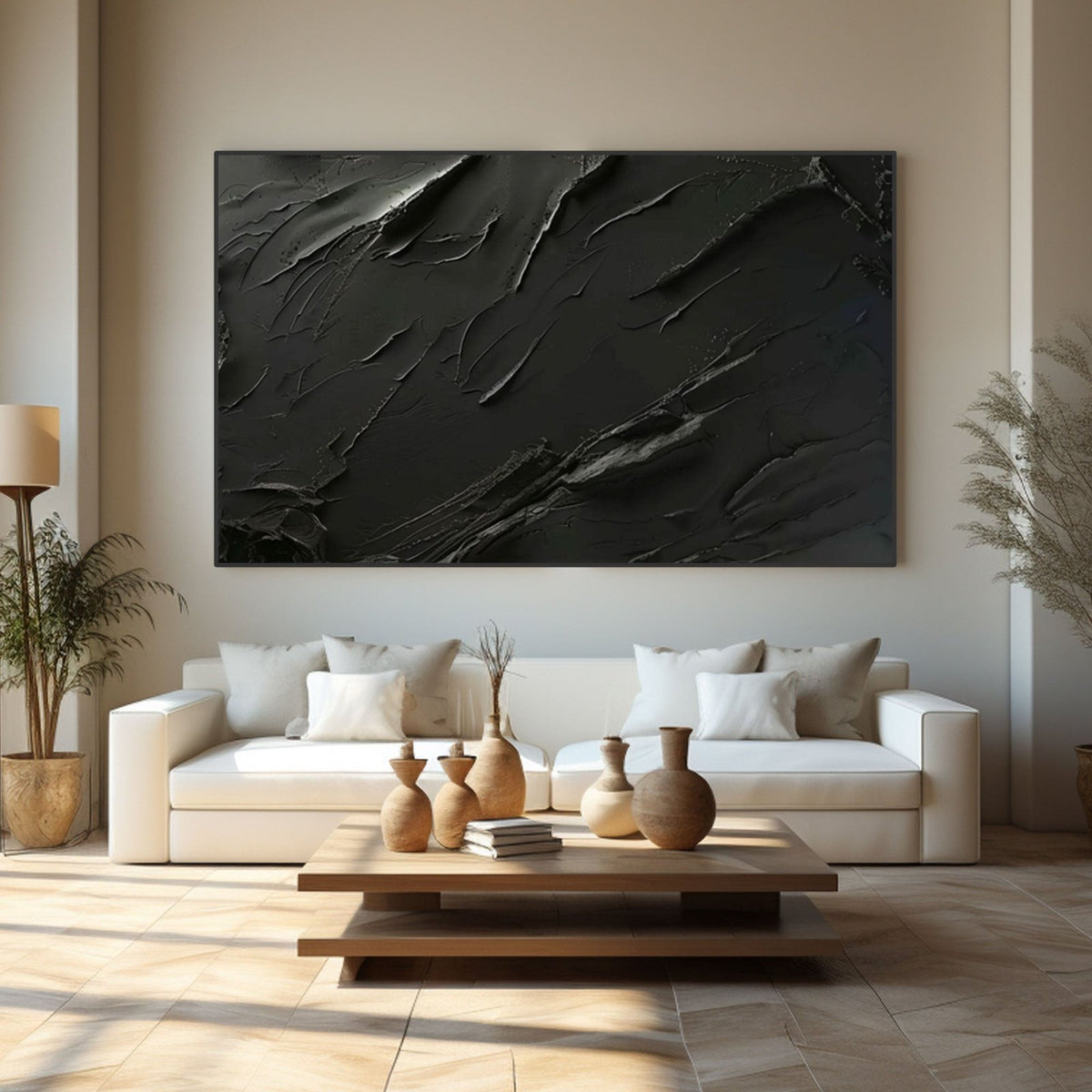 Large Black Minimalist Abstract Plaster Painting Over the Bed Horizonal