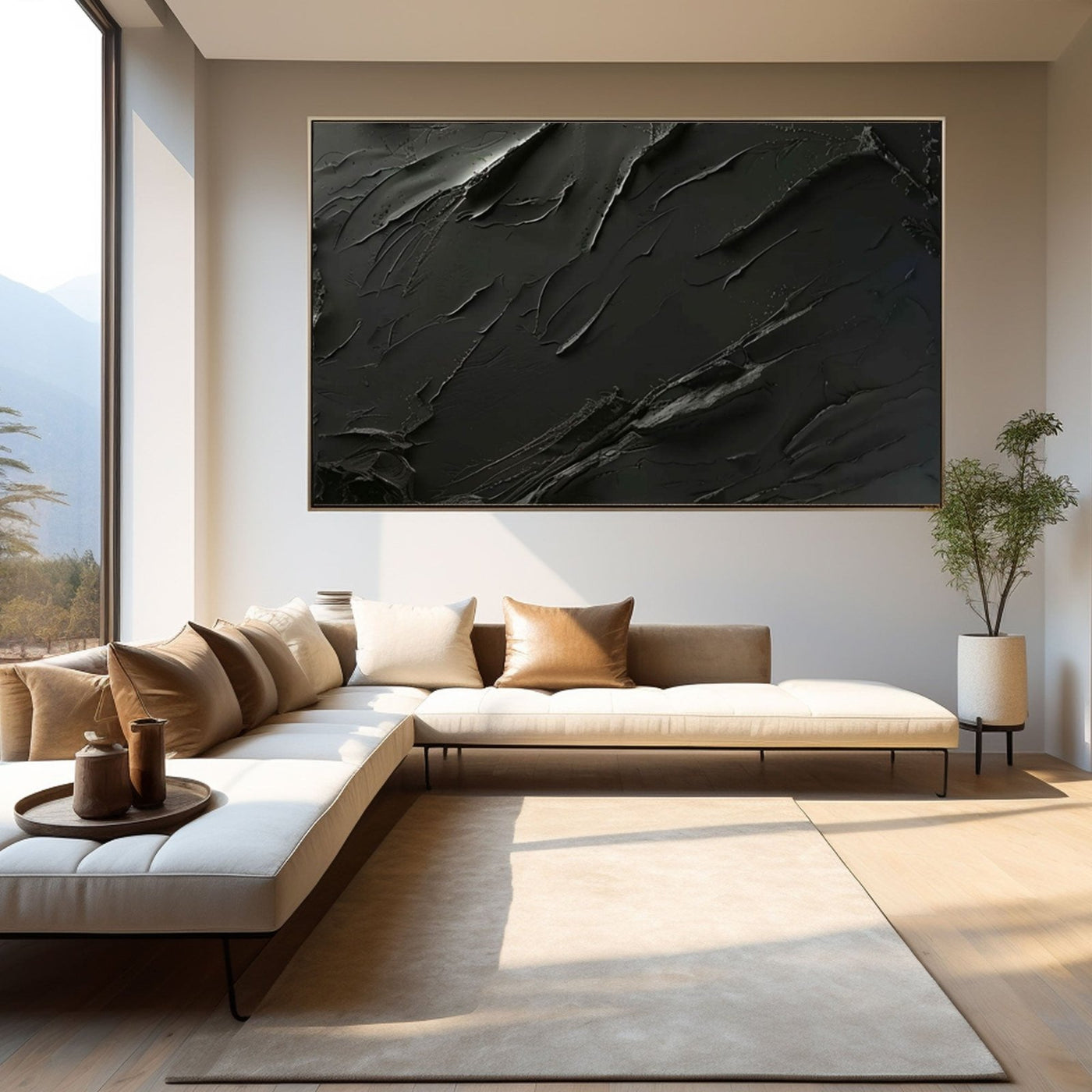 Large Black Minimalist Abstract Plaster Painting Over the Bed Horizonal