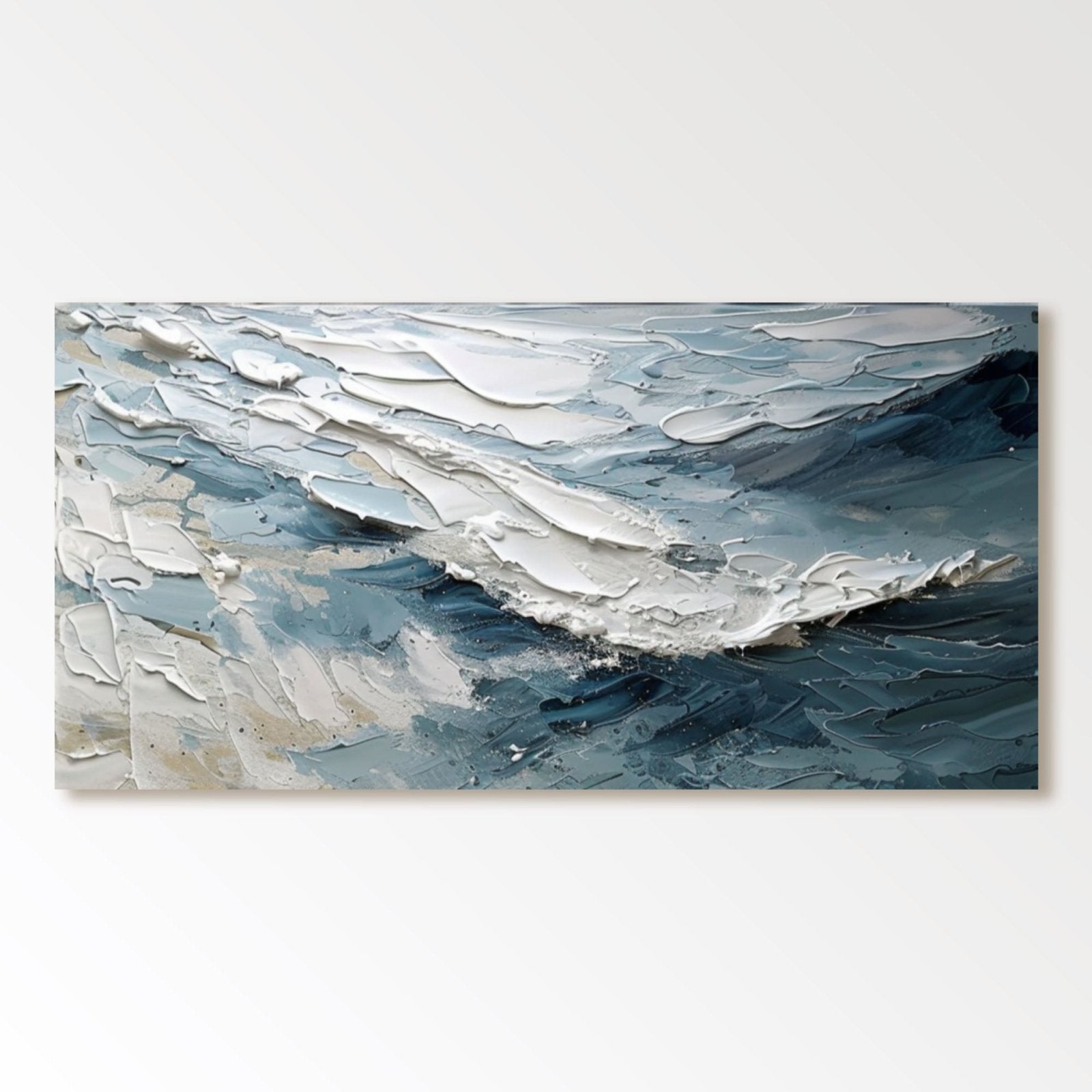 Large Ocean Waves Blue Textured Plaster Paninting on Canvas Horizonal