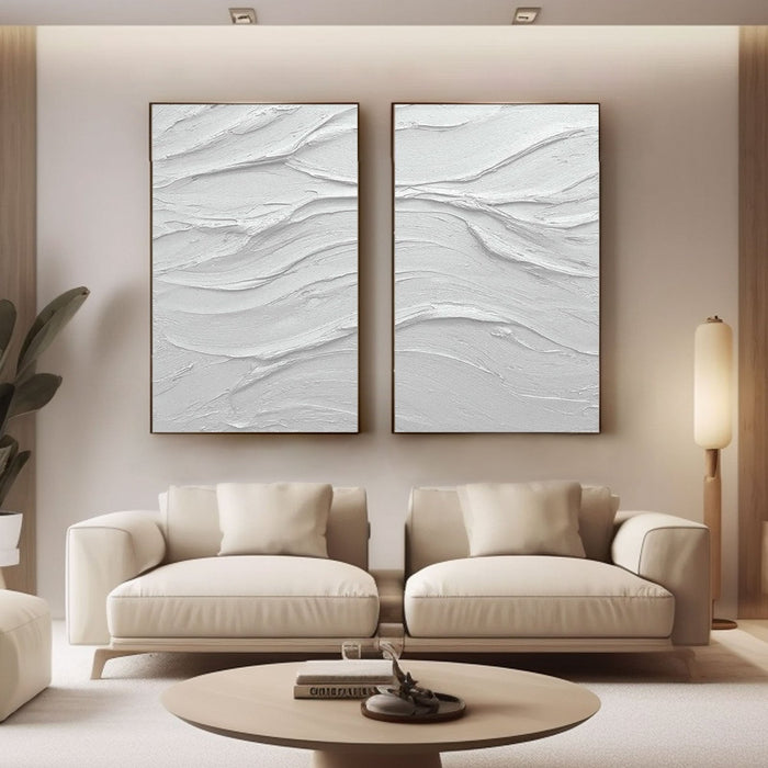 White Minimalist Plaster Textured Painting on Canvas Set of 2