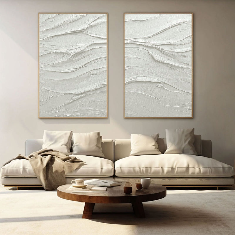 White Minimalist Plaster Textured Painting on Canvas Set of 2