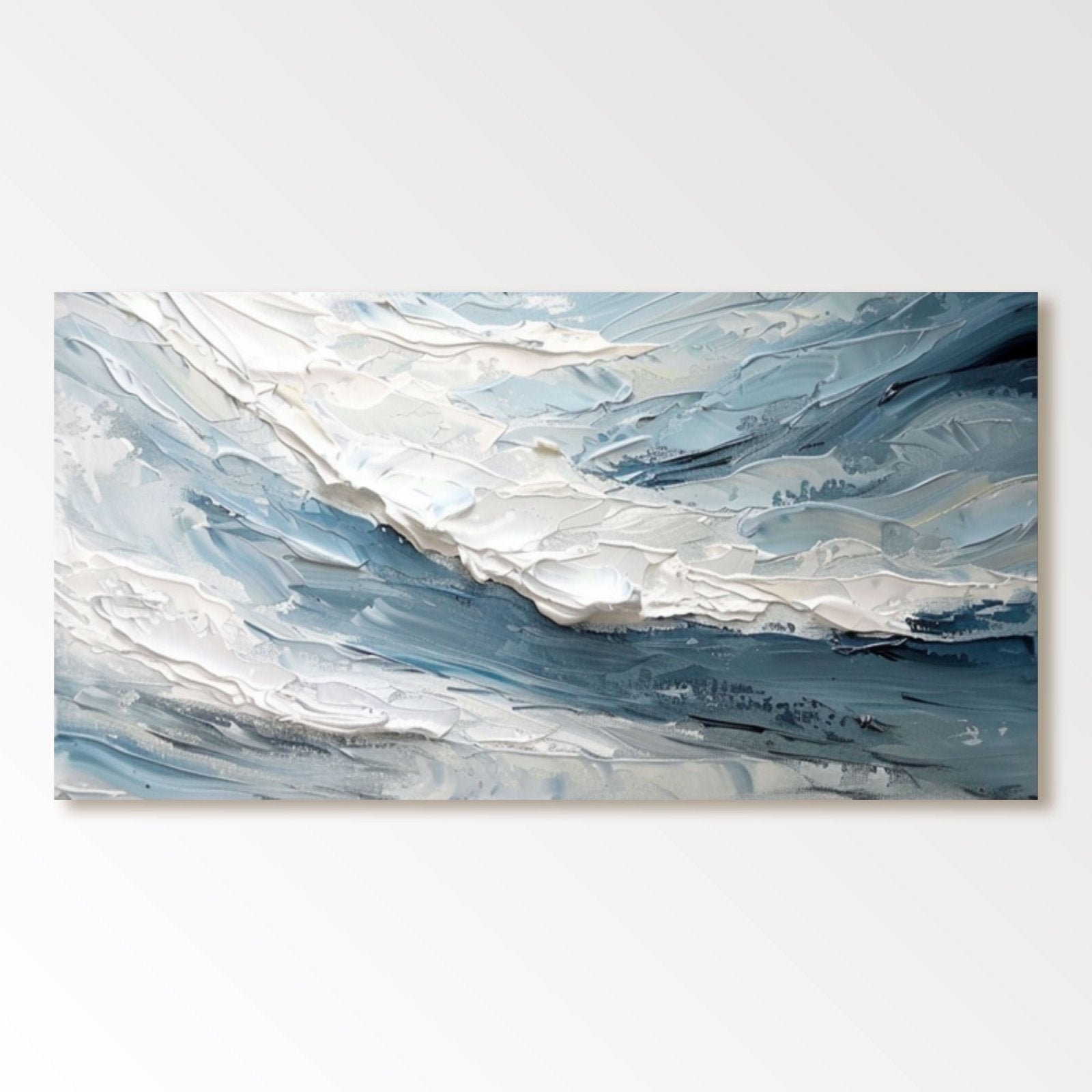 Large Blue Abstract Ocean Waves Textured Plaster Painting on Canvas