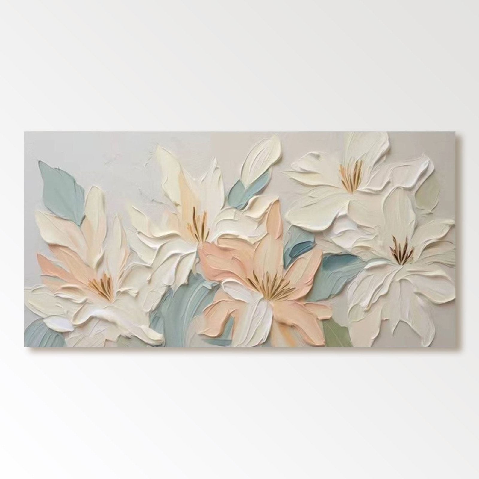 Large Flower Colorful Plaster Acrylic Painting on Canvas Over the Bed